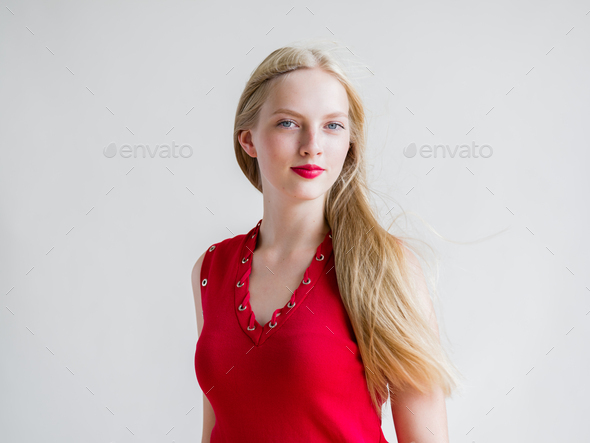 Nice Woman In Red Dress Blonde Short Hair Fashion Female Portrait Cute